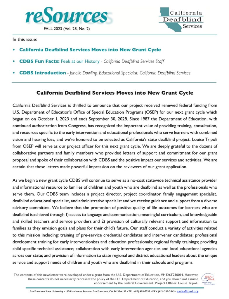 The CDBS NEWSLETTER: “reSources” – California Deafblind Services